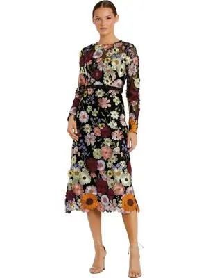Mac Duggal Floral Embroidered A-line Midi Dress - Black Multi