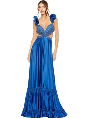 Mac Duggal Beaded A-line Gown With Cut Outs And Ruffled Straps - Royal