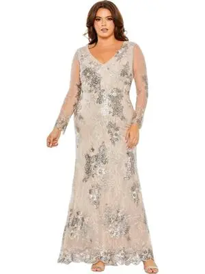 Mac Duggal V-neck Embroidered Gown - Taupe