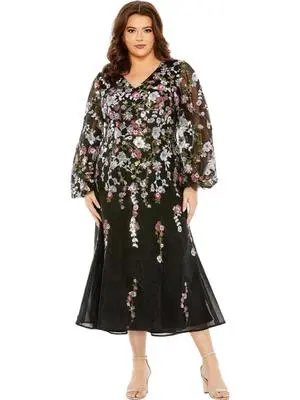 Mac Duggal Embellished A-line Dress With Puff Sleeves - Black Multi