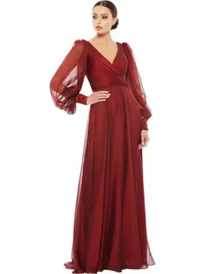 Mac Duggal Sheer Blouson Sleeve Surplice Gown - Garnet