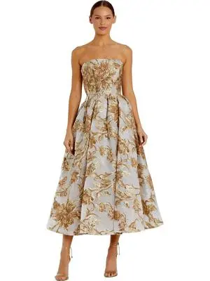 Mac Duggal Strapless Brocade Floral Print Midi Dress With Pockets - Multicolor
