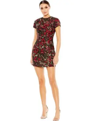 Mac Duggal Floral Brocade Cap Sleeve Mini Dress - Black Multi