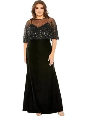 Mac Duggal Velvet Trumpet Gown With Embellished Cape - Black