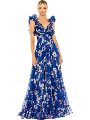 Mac Duggal Floral Cut-out Chiffon Gown - Blue Multi