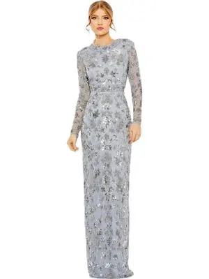 Mac Duggal High Neck Long Sleeve Embellished Column Gown - Slate Blue