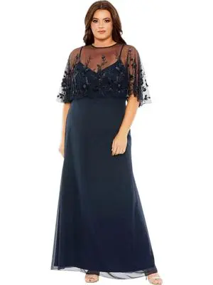Mac Duggal Sleeveless Gown With Embellished Cape - Midnight