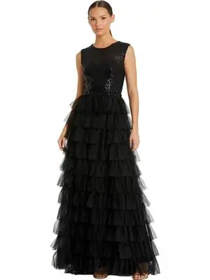 Mac Duggal Ruffle Tiered Sequin Gown - Black