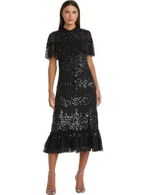 Mac Duggal Sequin-embellished Ruffled Midi Dress - Black