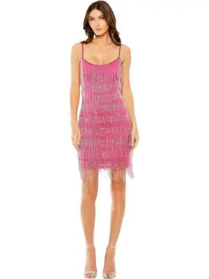 Mac Duggal Beaded Fringe Dress - Hot Pink