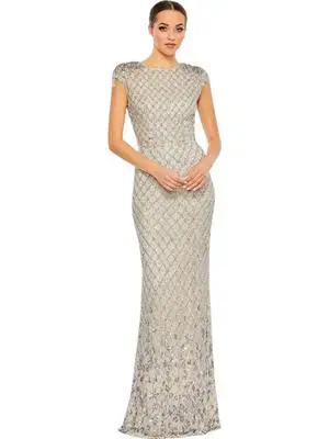 Mac Duggal Embellished Crystal Cap Sleeve Column Gown - Silver Nude