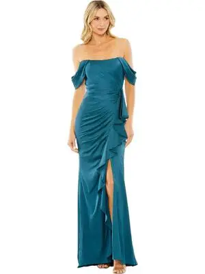 Mac Duggal Off-the-shoulder Ruched Gown - Ocean