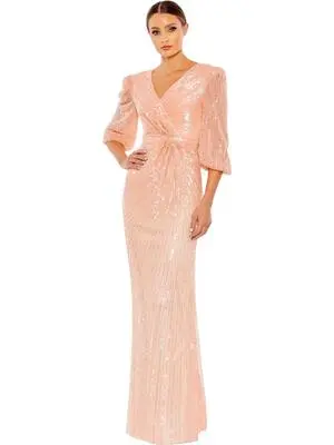 Mac Duggal Sequin Faux Wrap Puff Sleeve Gown - Peach