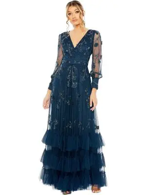 Mac Duggal Embellished V-neck Tiered Gown - Twilight