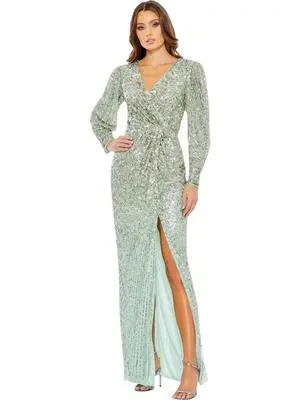 Mac Duggal Embellished Faux Wrap Puff Sleeve Gown - Seafoam