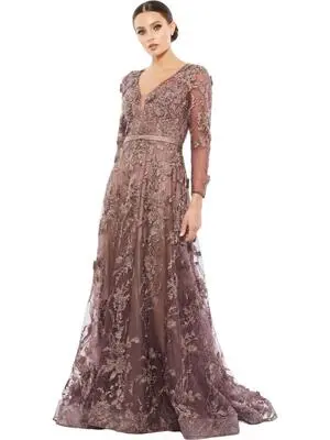 Mac Duggal Embroidered Plunge Neck A-line Gown - Chocolate
