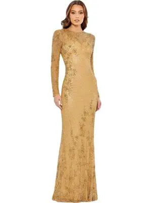 Mac Duggal Long Sleeve Beaded Evening Gown - Gold