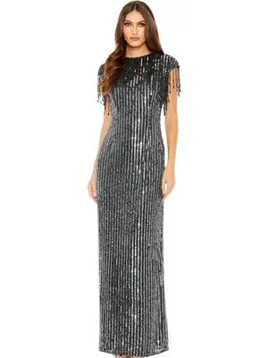 Mac Duggal Embellished Fringe Gown - Black