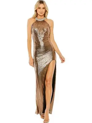 Mac Duggal Metallic Jersey High Neck Gown - Antique Gold
