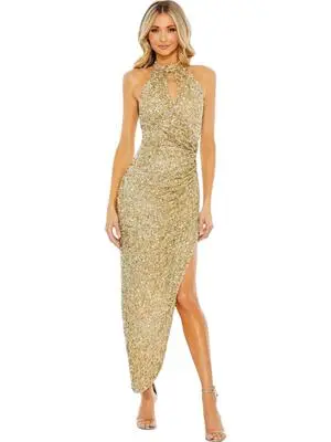 Mac Duggal Sequined High Neck Asymmetrical Dress - Gold