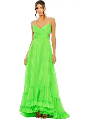 Mac Duggal Ruched Tiered Spaghetti Strap Gown - Lime