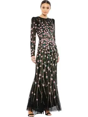 Mac Duggal Embellished High Neck Long Sleeve Gown - Black Multi