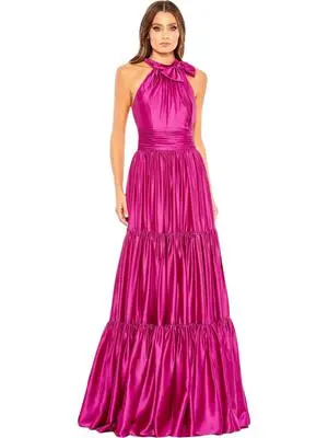 Mac Duggal Ruffle Tiered Halter Neck Gown - Fuchsia