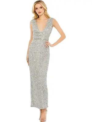 Mac Duggal Beaded Sleeveless Tea Length Sheath Dress - Platinum