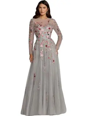 Mac Duggal Embroidered Illusion High Neck A-line Gown - Platinum Multi