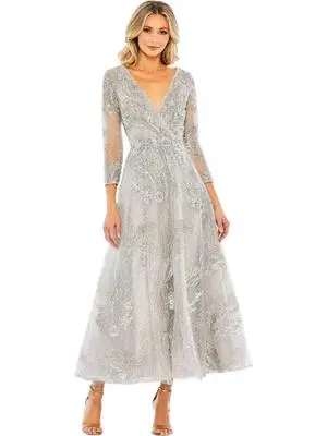 Mac Duggal Embellished Wrap Over 3/4 Sleeve Dress - Platinum