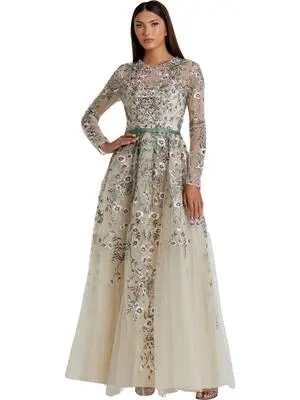 Mac Duggal Floral Embellished A-line Gown - Sage Multi