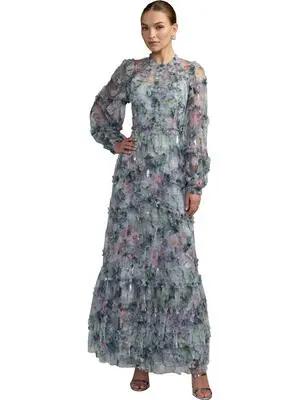 Mac Duggal Floral-printed Chiffon Maxi Gown - Platinum Multi