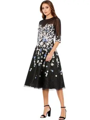 Mac Duggal Floral Embroidered A-line Tea-length Cocktail Dress - Black Multi