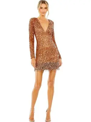 Mac Duggal Sequin V-neck Fringe Dress - Copper