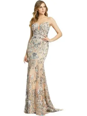 Mac Duggal Embroidered Spaghetti Strap Trumpet Gown - Nude Multi