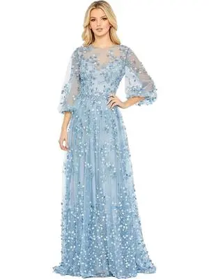 Mac Duggal Embroidered Puff Sleeve A-line Gown - Blue