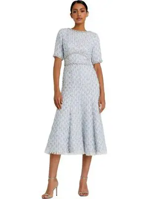Mac Duggal Boucle Midi Dress With Beaded Trim Blue Multi