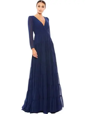 Mac Duggal Faux Wrap Illusion Long Sleeve Tiered Gown - Midnight