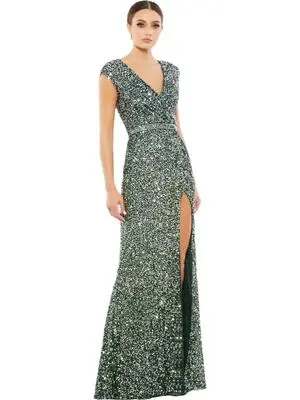 Mac Duggal Sequin Cap Sleeve Gown With Slit - Forest Green