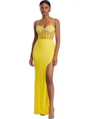 Mac Duggal Beaded Spaghetti Strap Gown With Slit - Lemon