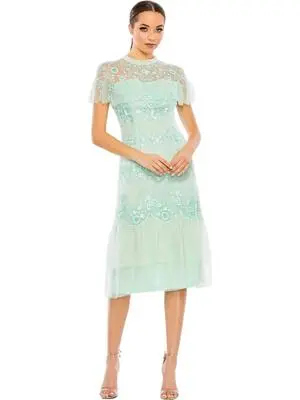 MAC DUGGAL Embroidered Ruffled Cap Sleeve Midi Dress