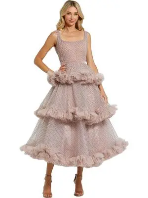 Mac Duggal Dot Net Ruffle A-line Dress - Blush