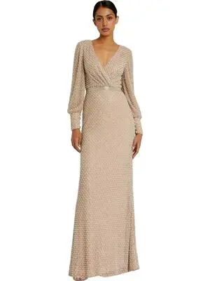 Mac Duggal Wrap Over Gown With Pearl Beading - Ivory Nude