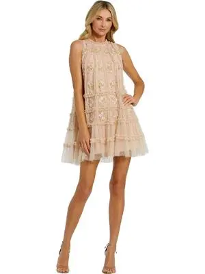 Mac Duggal Sleeveless Beaded Ruffle Mini Dress - Nude Multi