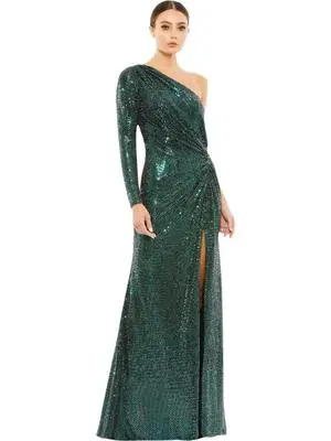 Mac Duggal Sequin One-shoulder Gown - Bottle Green