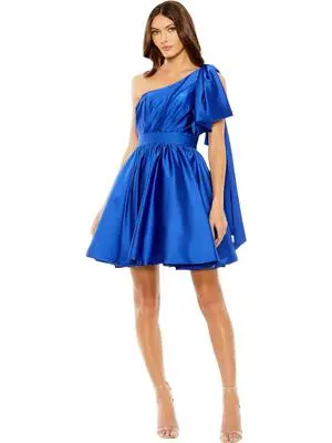 Mac Duggal One-shoulder Bow Satin Mini Dress - Cobalt