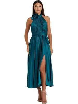 Mac Duggal Pleated Charmeuse High Neck Midi Dress - Ocean