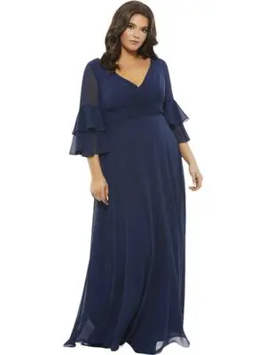 Mac Duggal Pleated Bell Sleeve Chiffon Gown - Navy