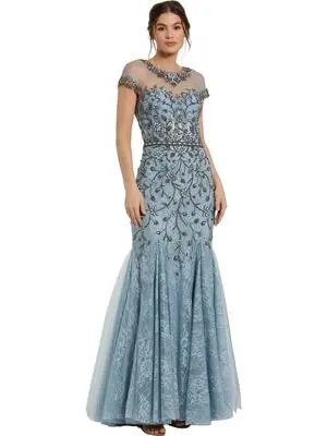 Mac Duggal Embellished Lace Evening Gown With Illusion Neckline - Slate Blue