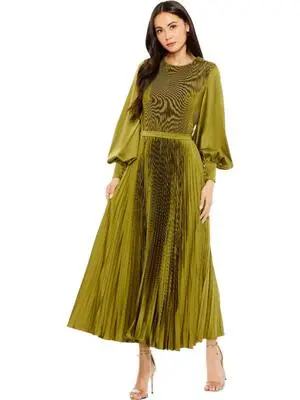 Mac Duggal Long Sleeve High Neck Pleated Dress - Olive